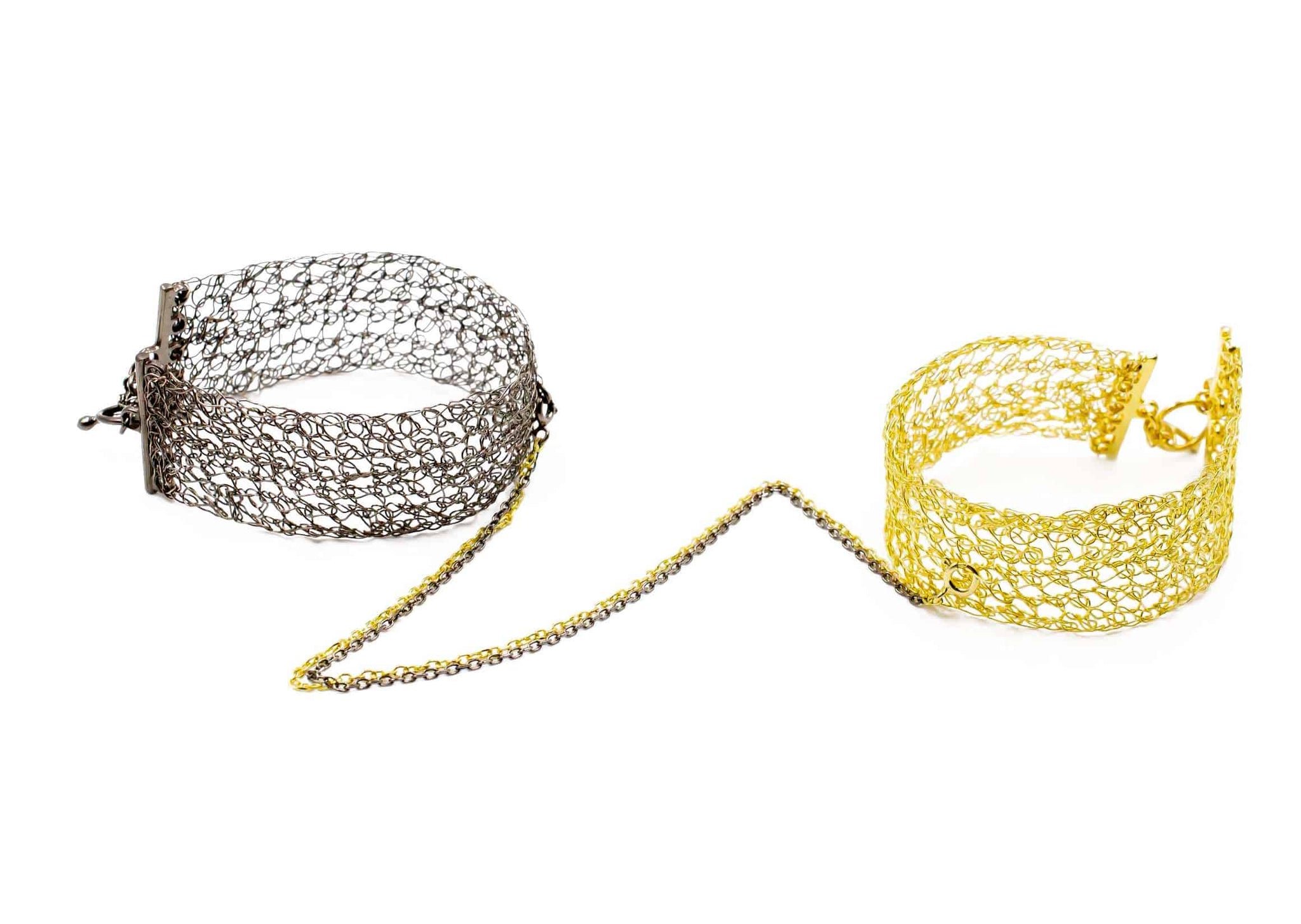 Black Rhodium and Gold Double Chain Cuff Bracelet - Maria Glezelli